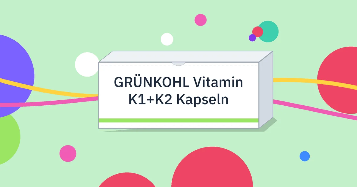 Symbolbild: Packung mit der Aufschrift GRÜNKOHL Vitamin K1+K2 Kapseln (PZN 13581659) – Verfügbarkeit und Bezug in Apotheken in Frankfurt am Main