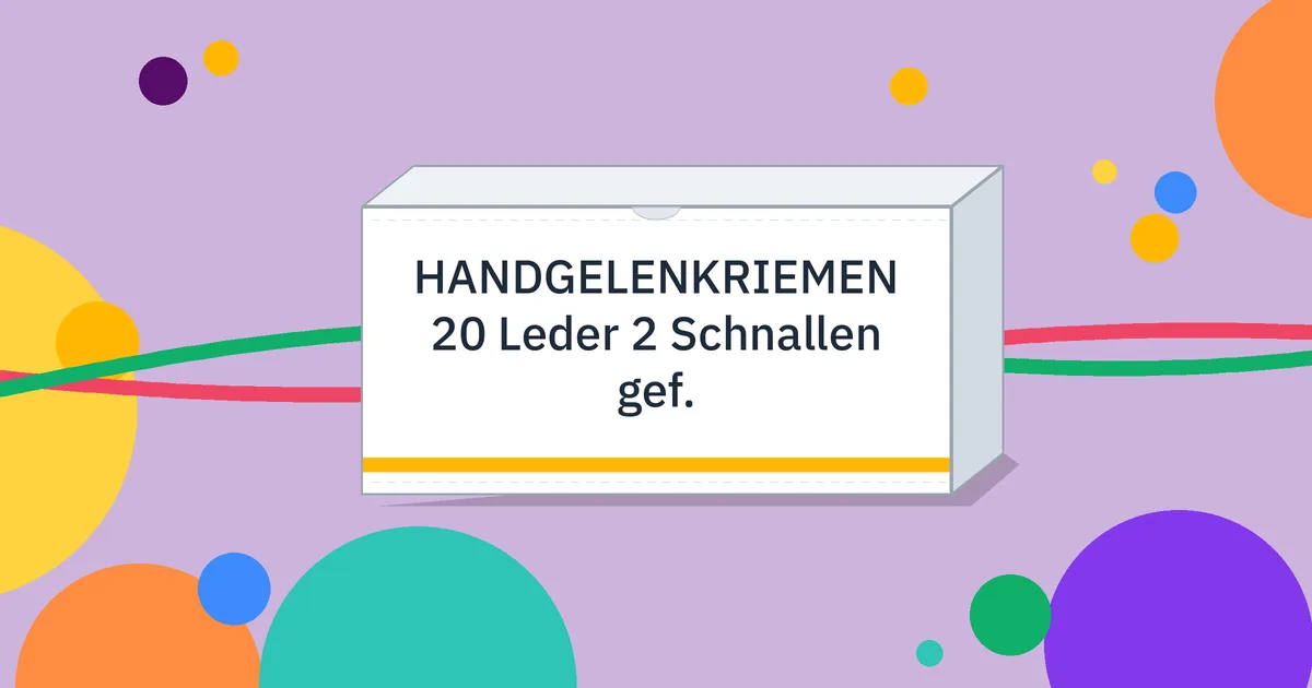 Symbolbild: Packung mit der Aufschrift HANDGELENKRIEMEN 20 Leder 2 Schnallen gef. (PZN 01727508) – Verfügbarkeit und Bezug in Apotheken in Frankfurt am Main