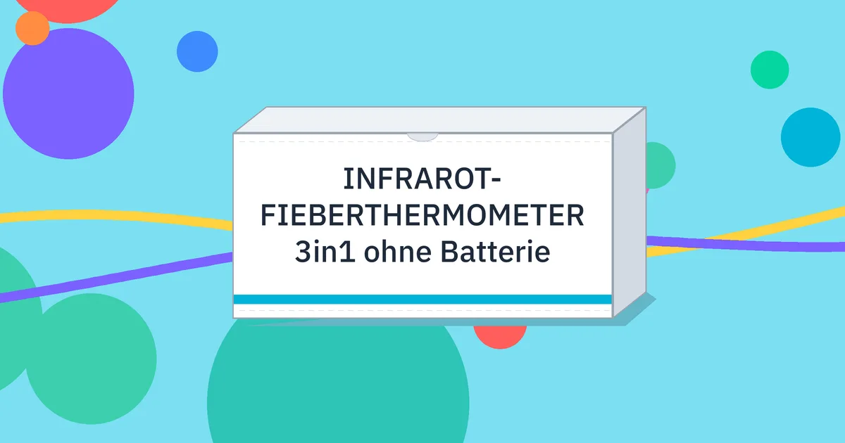 Symbolbild: Packung mit der Aufschrift INFRAROT-FIEBERTHERMOMETER 3in1 ohne Batterie (PZN 16932734) – Verfügbarkeit und Bezug in Apotheken in Frankfurt am Main