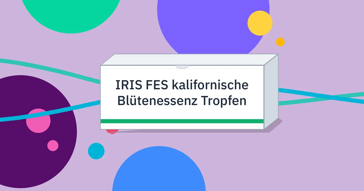 Symbolbild: Packung mit der Aufschrift IRIS FES kalifornische Blütenessenz Tropfen (PZN 09173498) – Verfügbarkeit und Bezug in Apotheken in Frankfurt am Main