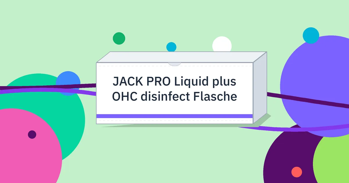 Symbolbild: Packung mit der Aufschrift JACK PRO Liquid plus OHC disinfect Flasche (PZN 19799632) – Verfügbarkeit und Bezug in Apotheken in Frankfurt am Main