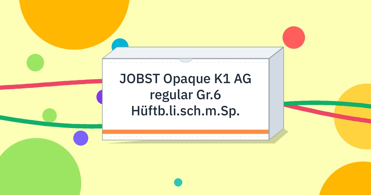 Symbolbild: Packung mit der Aufschrift JOBST Opaque K1 AG regular Gr.6 Hüftb.li.sch.m.Sp. (PZN 13099968) – Verfügbarkeit und Bezug in Apotheken in Frankfurt am Main