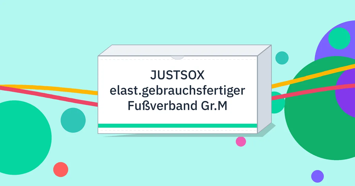 Symbolbild: Packung mit der Aufschrift JUSTSOX elast.gebrauchsfertiger Fußverband Gr.M (PZN 20130294) – Verfügbarkeit und Bezug in Apotheken in Frankfurt am Main