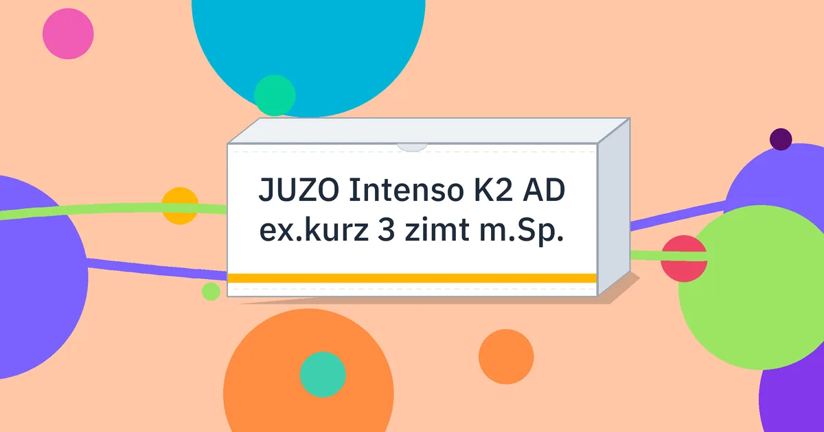 Symbolbild: Packung mit der Aufschrift JUZO Intenso K2 AD ex.kurz 3 zimt m.Sp. (PZN 18607961) – Verfügbarkeit und Bezug in Apotheken in Frankfurt am Main
