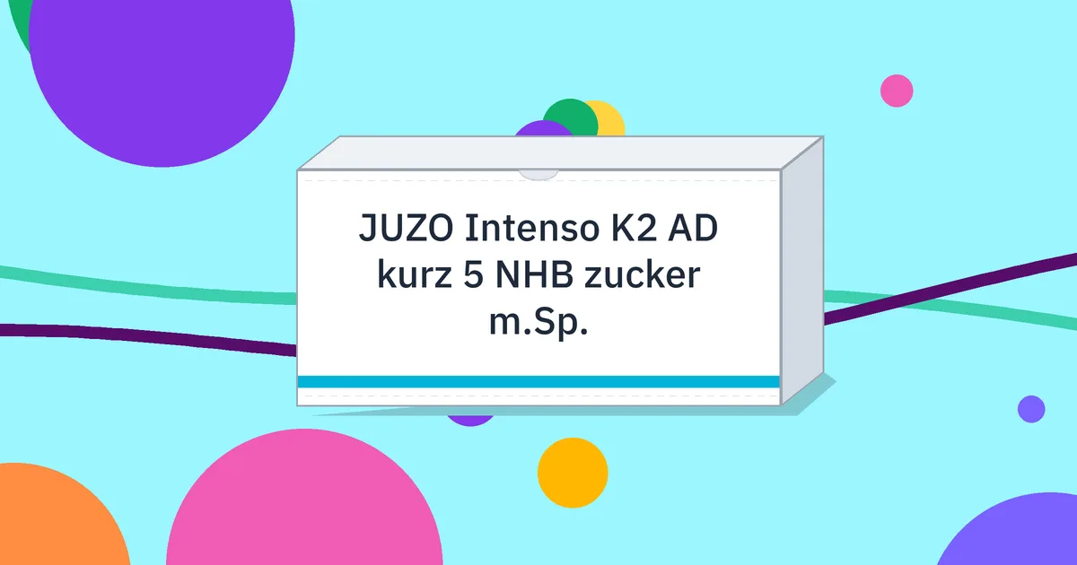 Symbolbild: Packung mit der Aufschrift JUZO Intenso K2 AD kurz 5 NHB zucker m.Sp. (PZN 18610779) – Verfügbarkeit und Bezug in Apotheken in Frankfurt am Main