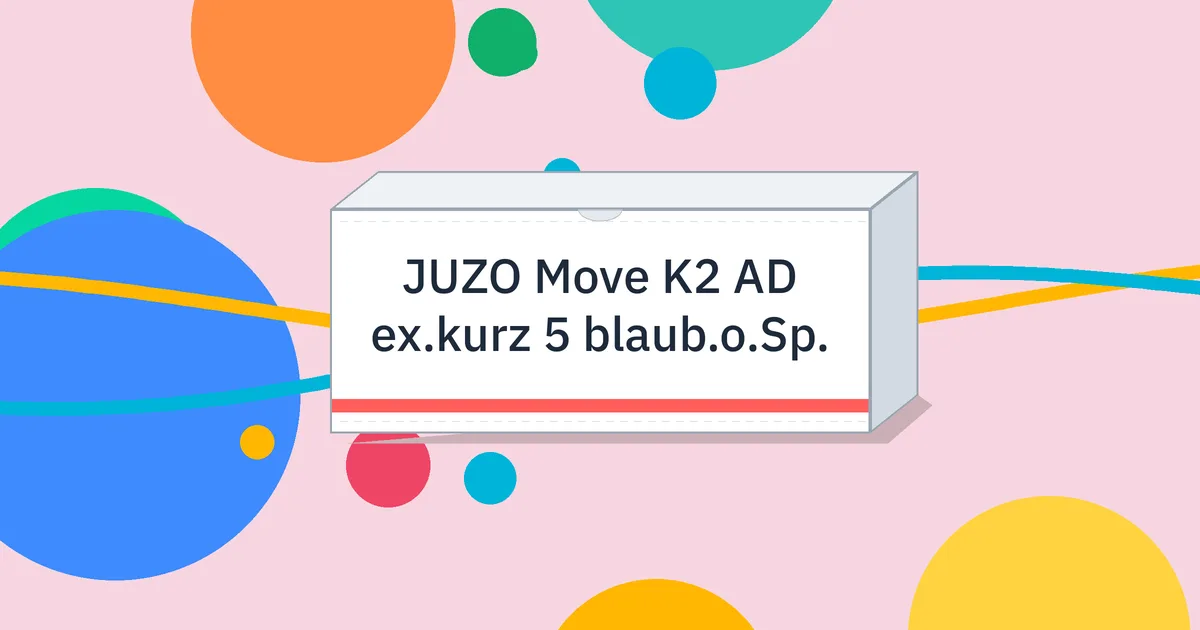 Symbolbild: Packung mit der Aufschrift JUZO Move K2 AD ex.kurz 5 blaub.o.Sp. (PZN 18542167) – Verfügbarkeit und Bezug in Apotheken in Frankfurt am Main