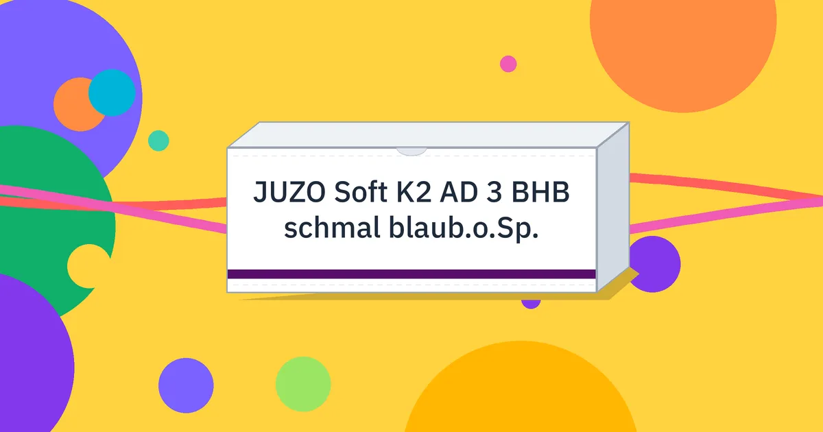 Symbolbild: Packung mit der Aufschrift JUZO Soft K2 AD 3 BHB schmal blaub.o.Sp. (PZN 15467169) – Verfügbarkeit und Bezug in Apotheken in Frankfurt am Main