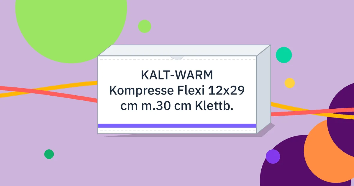 Symbolbild: Packung mit der Aufschrift KALT-WARM Kompresse Flexi 12x29 cm m.30 cm Klettb. (PZN 07105328) – Verfügbarkeit und Bezug in Apotheken in Frankfurt am Main