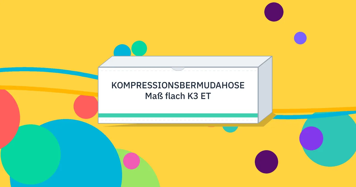 Symbolbild: Packung mit der Aufschrift KOMPRESSIONSBERMUDAHOSE Maß flach K3 ET (PZN 16745914) – Verfügbarkeit und Bezug in Apotheken in Frankfurt am Main