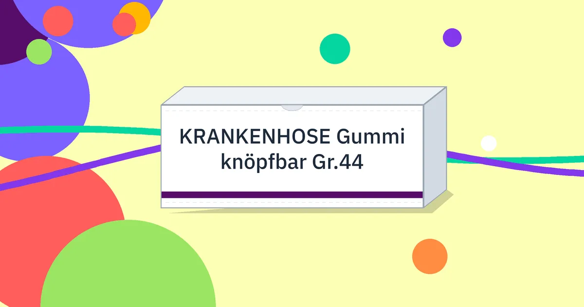 Symbolbild: Packung mit der Aufschrift KRANKENHOSE Gummi knöpfbar Gr.44 (PZN 01979807) – Verfügbarkeit und Bezug in Apotheken in Frankfurt am Main