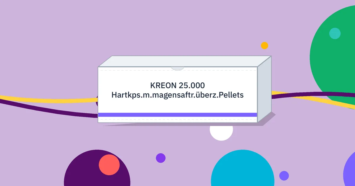 Symbolbild: Packung mit der Aufschrift KREON 25.000 Hartkps.m.magensaftr.überz.Pellets (PZN 09515243) – Verfügbarkeit und Bezug in Apotheken in Frankfurt am Main