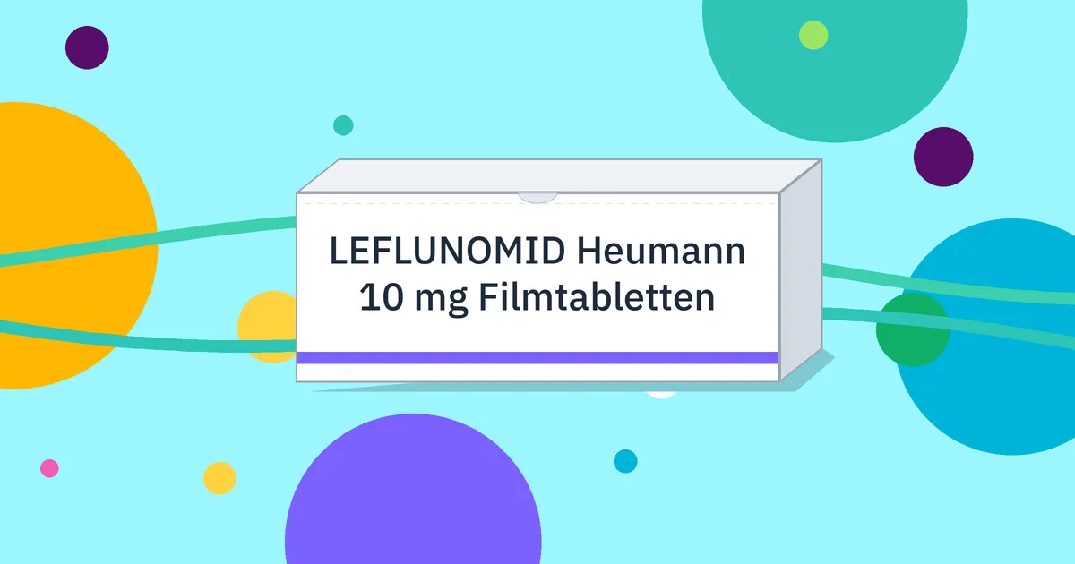 Symbolbild: Packung mit der Aufschrift LEFLUNOMID Heumann 10 mg Filmtabletten (PZN 13725503) – Verfügbarkeit und Bezug in Apotheken in Frankfurt am Main