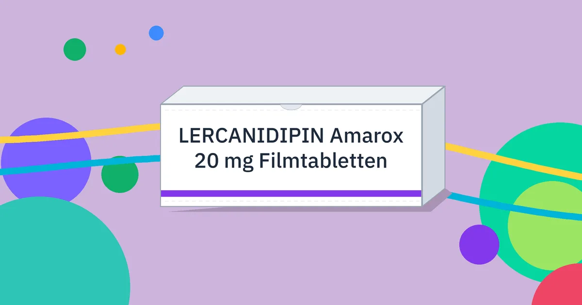 Symbolbild: Packung mit der Aufschrift LERCANIDIPIN Amarox 20 mg Filmtabletten (PZN 18767920) – Verfügbarkeit und Bezug in Apotheken in Frankfurt am Main