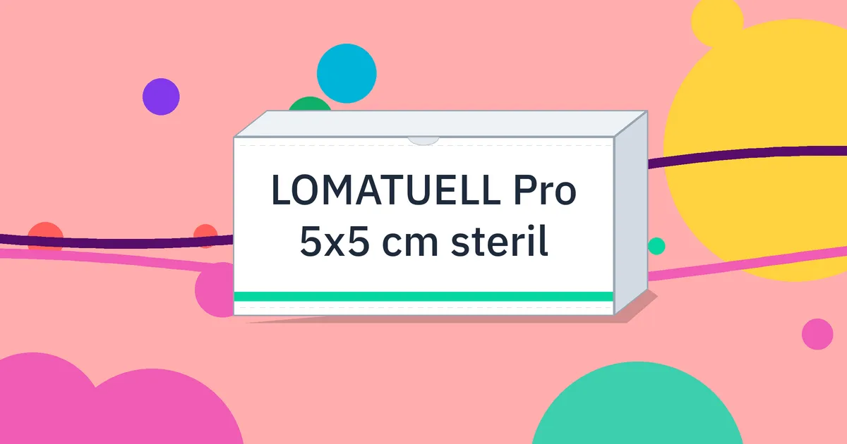 Symbolbild: Packung mit der Aufschrift LOMATUELL Pro 5x5 cm steril (PZN 15998895) – Verfügbarkeit und Bezug in Apotheken in Frankfurt am Main