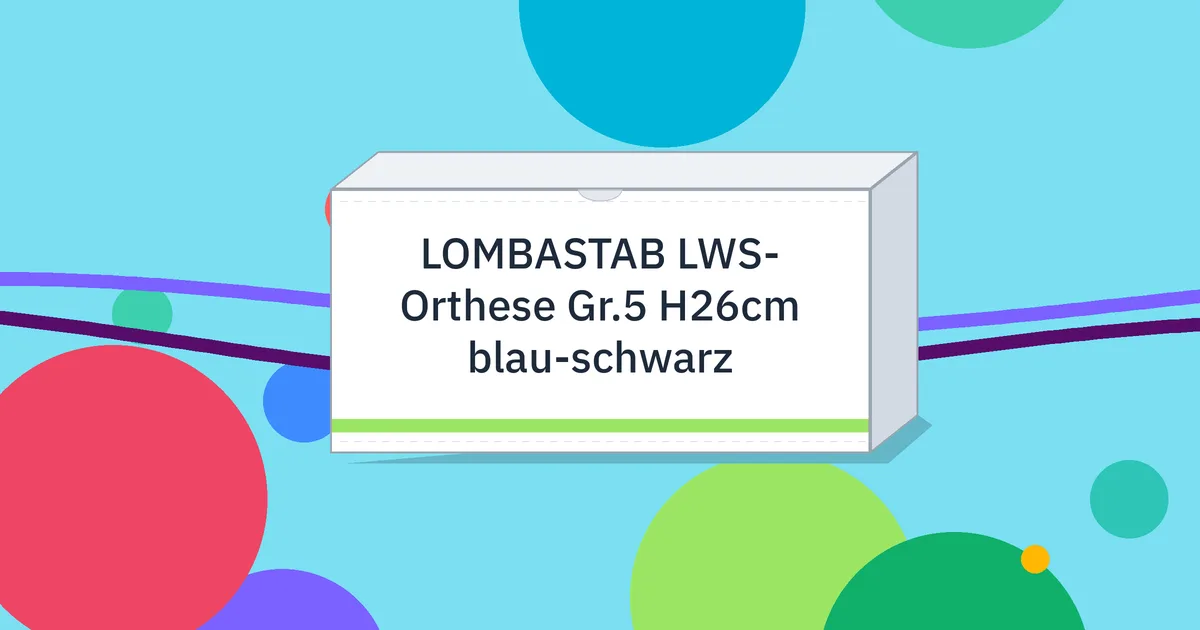 Symbolbild: Packung mit der Aufschrift LOMBASTAB LWS-Orthese Gr.5 H26cm blau-schwarz (PZN 18798174) – Verfügbarkeit und Bezug in Apotheken in Frankfurt am Main