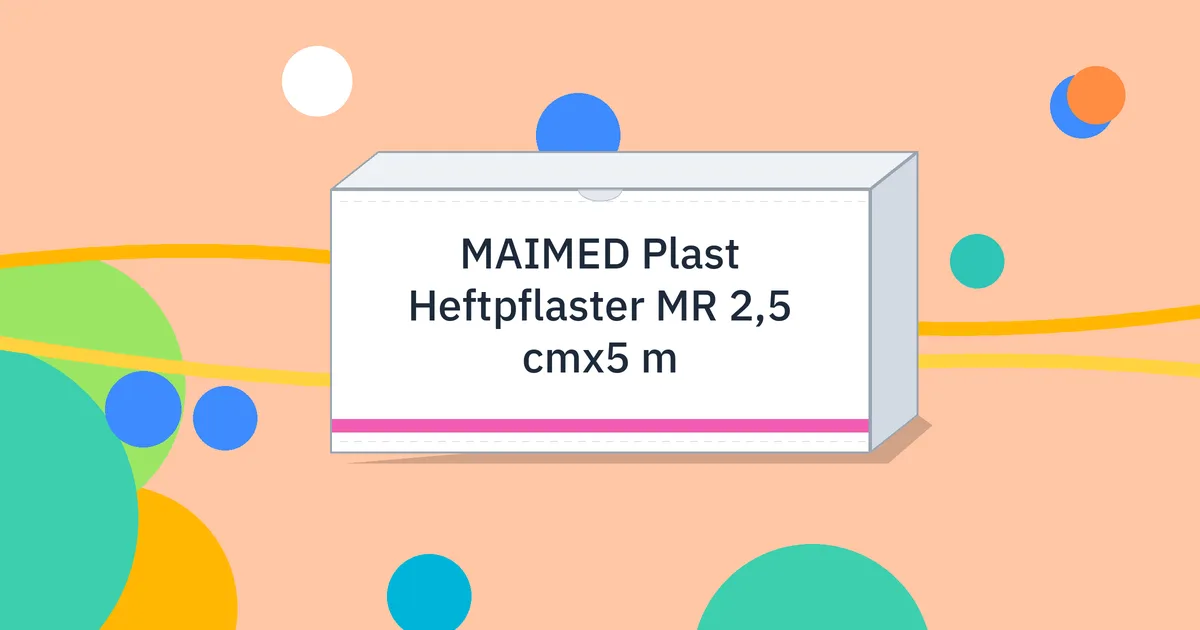 Symbolbild: Packung mit der Aufschrift MAIMED Plast Heftpflaster MR 2,5 cmx5 m (PZN 10267661) – Verfügbarkeit und Bezug in Apotheken in Frankfurt am Main