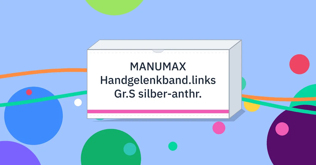 Symbolbild: Packung mit der Aufschrift MANUMAX Handgelenkband.links Gr.S silber-anthr. (PZN 11096782) – Verfügbarkeit und Bezug in Apotheken in Frankfurt am Main