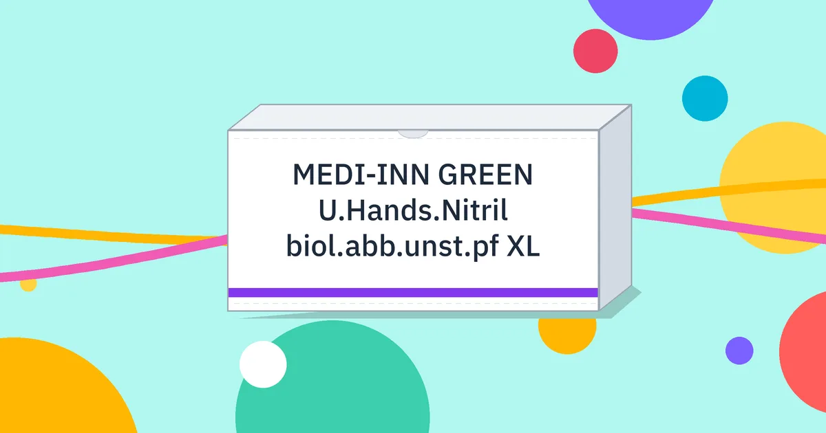 Symbolbild: Packung mit der Aufschrift MEDI-INN GREEN U.Hands.Nitril biol.abb.unst.pf XL (PZN 19626794) – Verfügbarkeit und Bezug in Apotheken in Frankfurt am Main
