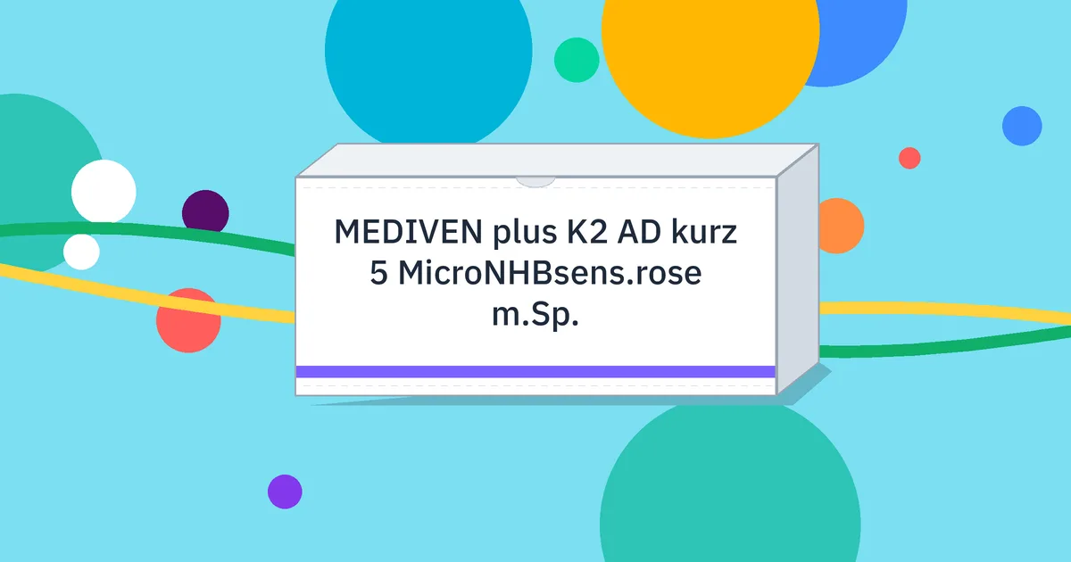 Symbolbild: Packung mit der Aufschrift MEDIVEN plus K2 AD kurz 5 MicroNHBsens.rose m.Sp. (PZN 15933938) – Verfügbarkeit und Bezug in Apotheken in Frankfurt am Main