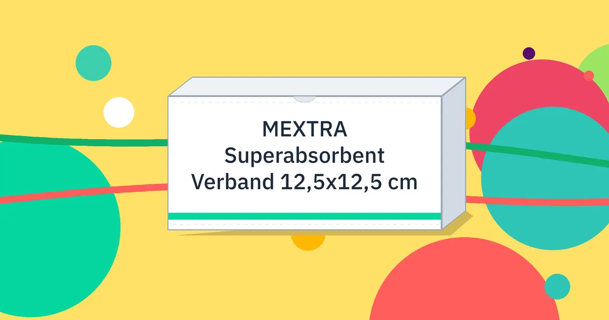 Symbolbild: Packung mit der Aufschrift MEXTRA Superabsorbent Verband 12,5x12,5 cm (PZN 19156526) – Verfügbarkeit und Bezug in Apotheken in Frankfurt am Main