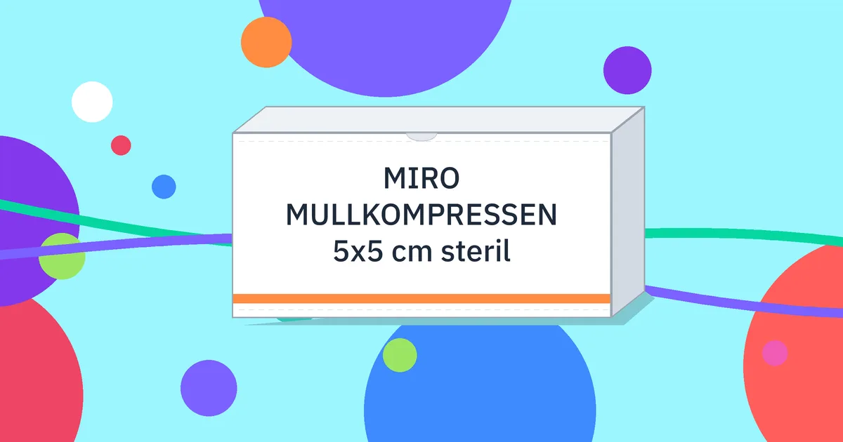 Symbolbild: Packung mit der Aufschrift MIRO MULLKOMPRESSEN 5x5 cm steril (PZN 05038409) – Verfügbarkeit und Bezug in Apotheken in Frankfurt am Main