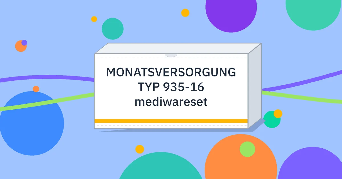 Symbolbild: Packung mit der Aufschrift MONATSVERSORGUNG TYP 935-16 mediwareset (PZN 16749208) – Verfügbarkeit und Bezug in Apotheken in Frankfurt am Main