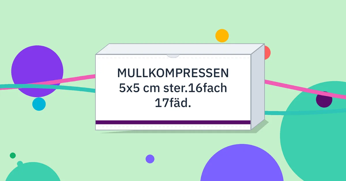 Symbolbild: Packung mit der Aufschrift MULLKOMPRESSEN 5x5 cm ster.16fach 17fäd. (PZN 06930958) – Verfügbarkeit und Bezug in Apotheken in Frankfurt am Main