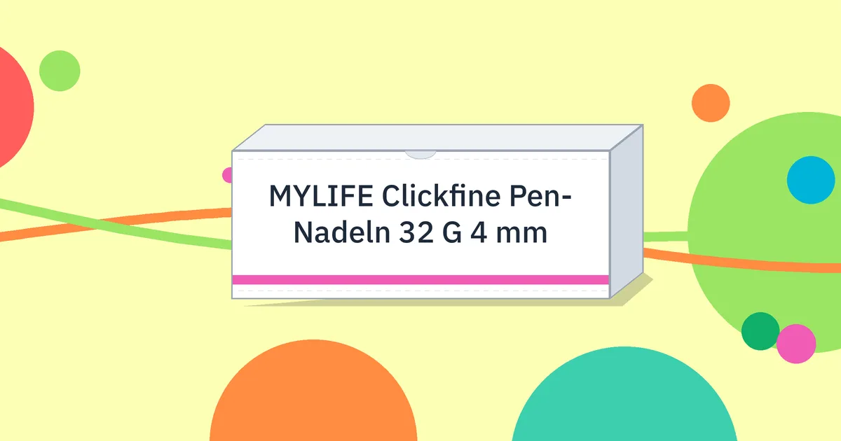 Symbolbild: Packung mit der Aufschrift MYLIFE Clickfine Pen-Nadeln 32 G 4 mm (PZN 10391734) – Verfügbarkeit und Bezug in Apotheken in Frankfurt am Main