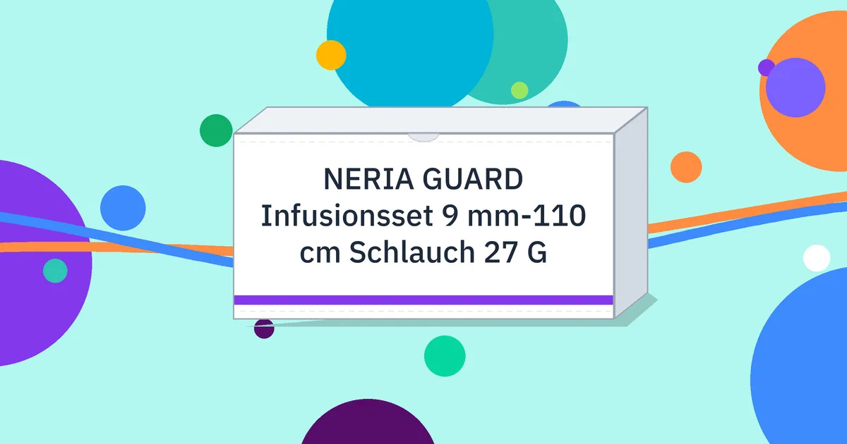 Symbolbild: Packung mit der Aufschrift NERIA GUARD Infusionsset 9 mm-110 cm Schlauch 27 G (PZN 19365098) – Verfügbarkeit und Bezug in Apotheken in Frankfurt am Main