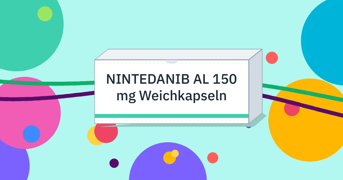 Symbolbild: Packung mit der Aufschrift NINTEDANIB AL 150 mg Weichkapseln (PZN 19991683) – Verfügbarkeit und Bezug in Apotheken in Frankfurt am Main
