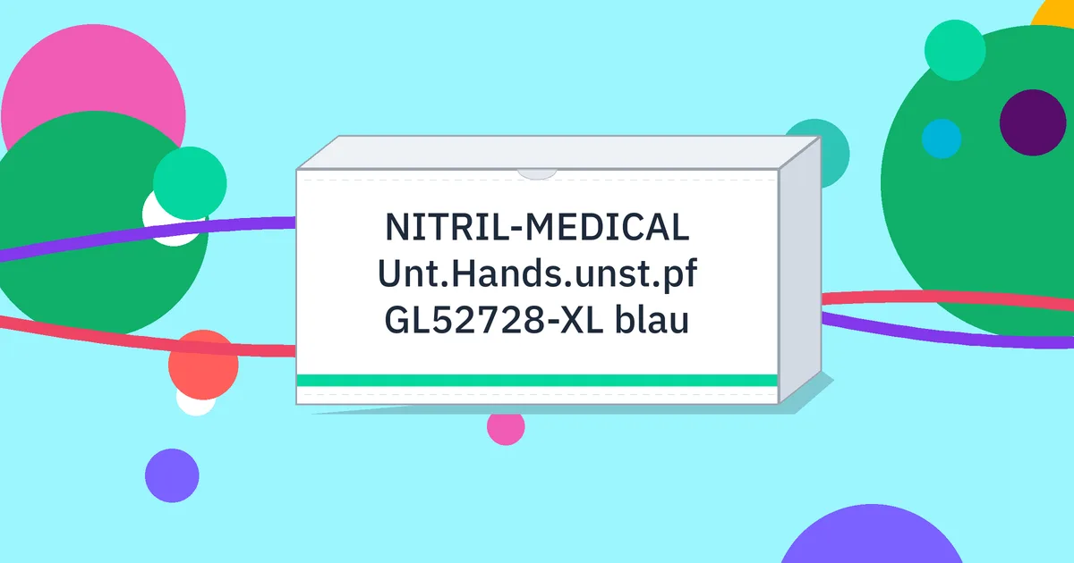 Symbolbild: Packung mit der Aufschrift NITRIL-MEDICAL Unt.Hands.unst.pf GL52728-XL blau (PZN 18408351) – Verfügbarkeit und Bezug in Apotheken in Frankfurt am Main