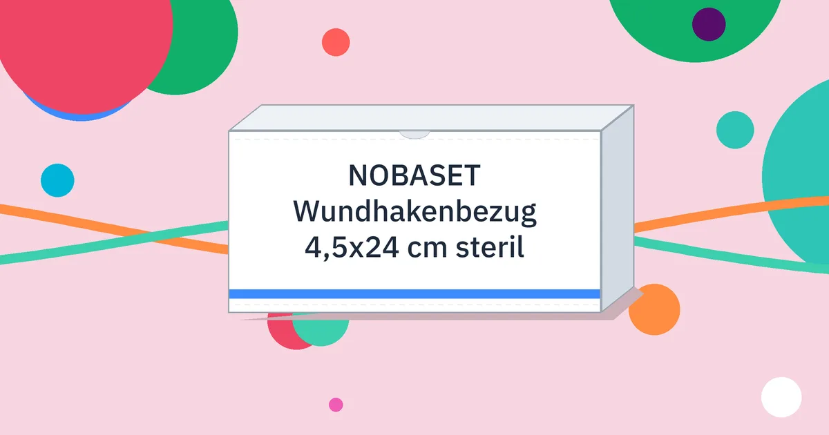 Symbolbild: Packung mit der Aufschrift NOBASET Wundhakenbezug 4,5x24 cm steril (PZN 18367830) – Verfügbarkeit und Bezug in Apotheken in Frankfurt am Main