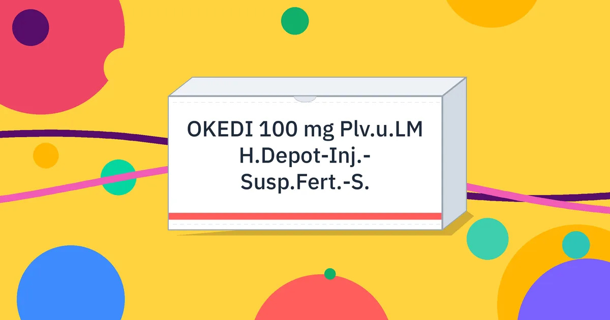 Symbolbild: Packung mit der Aufschrift OKEDI 100 mg Plv.u.LM H.Depot-Inj.-Susp.Fert.-S. (PZN 19482013) – Verfügbarkeit und Bezug in Apotheken in Frankfurt am Main