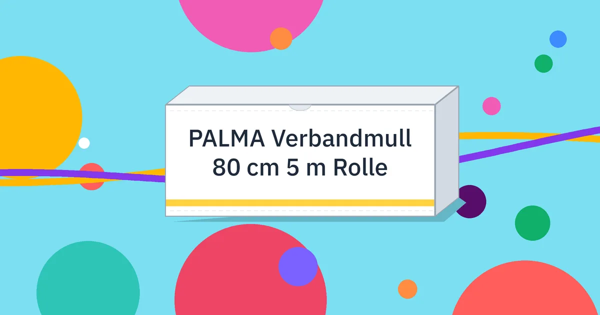 Symbolbild: Packung mit der Aufschrift PALMA Verbandmull 80 cm 5 m Rolle (PZN 03289573) – Verfügbarkeit und Bezug in Apotheken in Frankfurt am Main