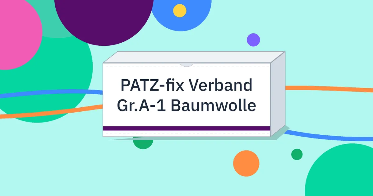 Symbolbild: Packung mit der Aufschrift PATZ-fix Verband Gr.A-1 Baumwolle (PZN 06813081) – Verfügbarkeit und Bezug in Apotheken in Frankfurt am Main