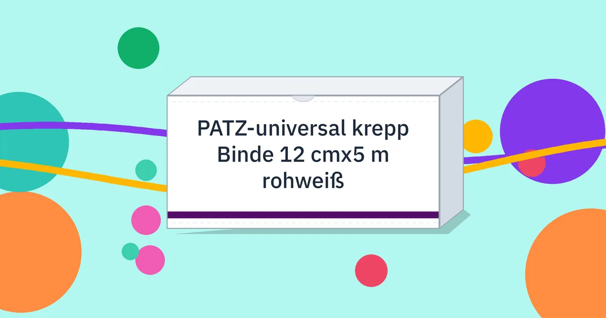 Symbolbild: Packung mit der Aufschrift PATZ-universal krepp Binde 12 cmx5 m rohweiß (PZN 06813856) – Verfügbarkeit und Bezug in Apotheken in Frankfurt am Main