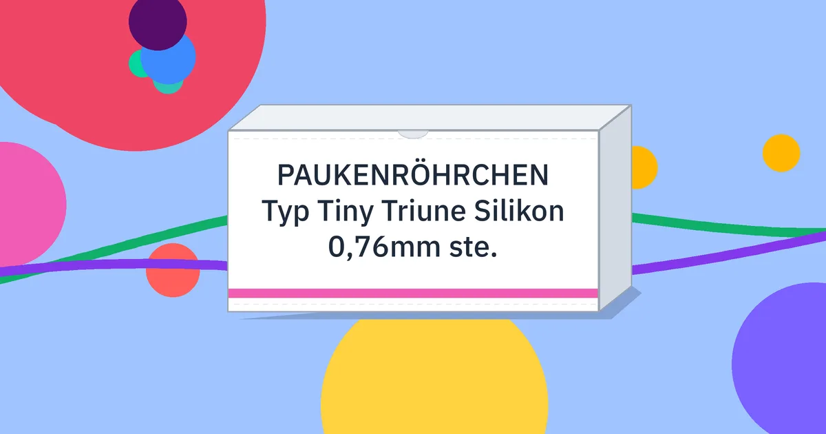 Symbolbild: Packung mit der Aufschrift PAUKENRÖHRCHEN Typ Tiny Triune Silikon 0,76mm ste. (PZN 18668112) – Verfügbarkeit und Bezug in Apotheken in Frankfurt am Main