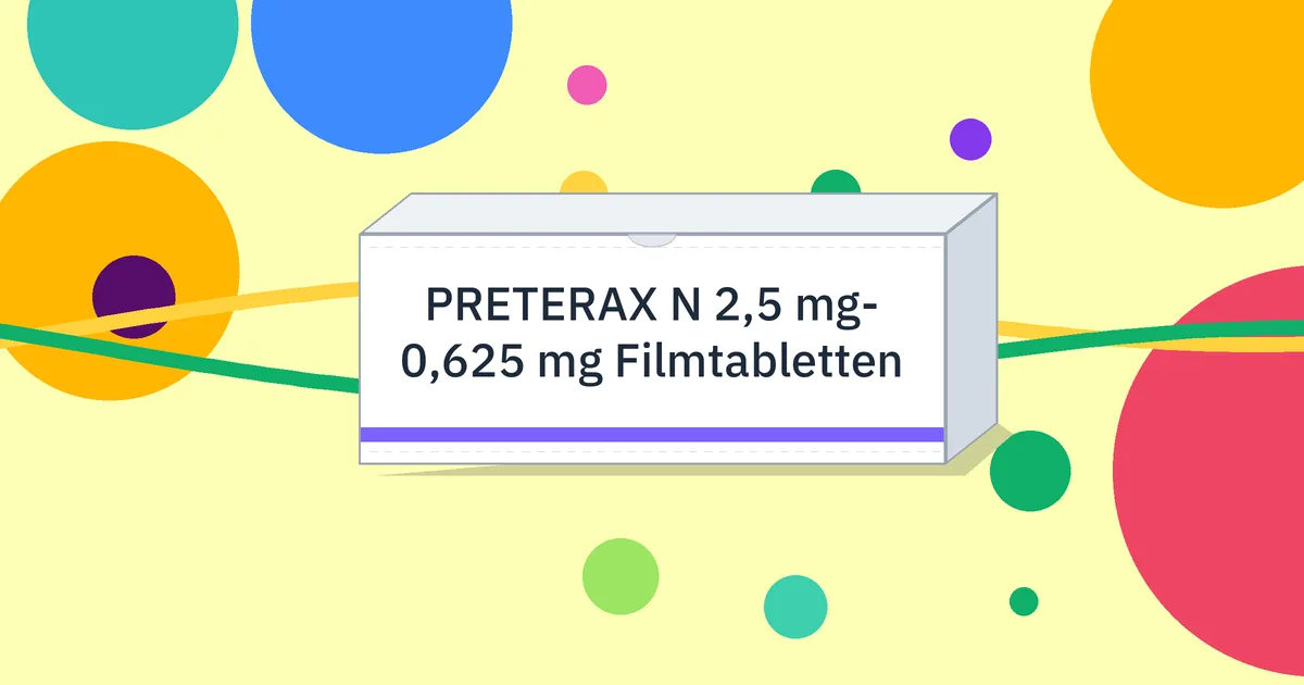 Symbolbild: Packung mit der Aufschrift PRETERAX N 2,5 mg-0,625 mg Filmtabletten (PZN 19481485) – Verfügbarkeit und Bezug in Apotheken in Frankfurt am Main