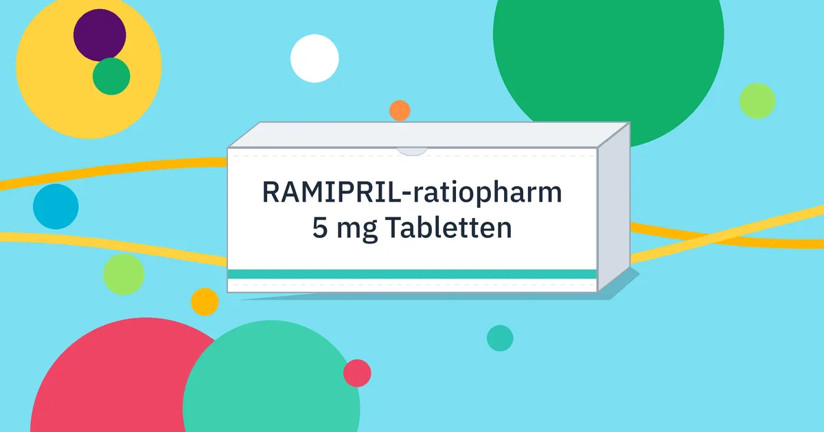Symbolbild: Packung mit der Aufschrift RAMIPRIL-ratiopharm 5 mg Tabletten (PZN 02223916) – Verfügbarkeit und Bezug in Apotheken in Frankfurt am Main