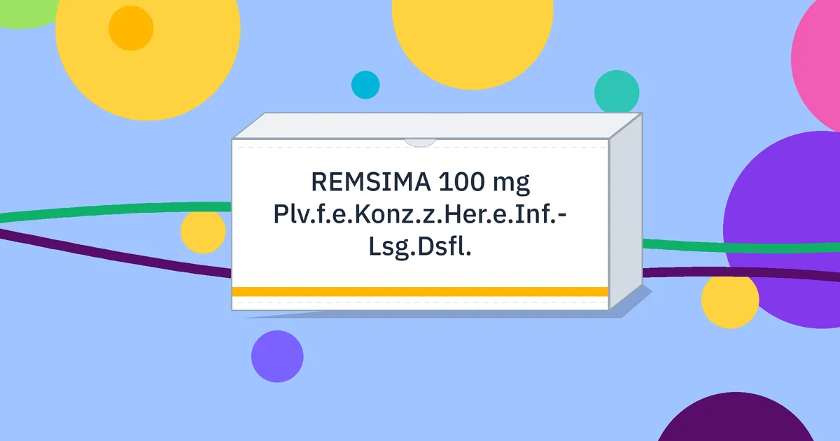 Symbolbild: Packung mit der Aufschrift REMSIMA 100 mg Plv.f.e.Konz.z.Her.e.Inf.-Lsg.Dsfl. (PZN 15433874) – Verfügbarkeit und Bezug in Apotheken in Frankfurt am Main