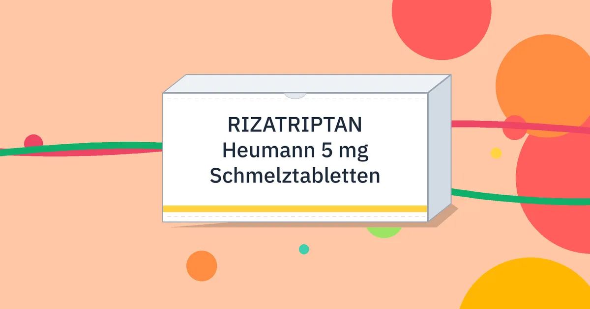 Symbolbild: Packung mit der Aufschrift RIZATRIPTAN Heumann 5 mg Schmelztabletten (PZN 11871407) – Verfügbarkeit und Bezug in Apotheken in Frankfurt am Main
