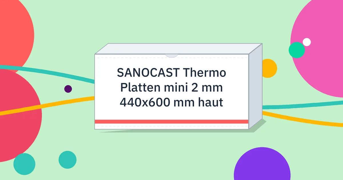 Symbolbild: Packung mit der Aufschrift SANOCAST Thermo Platten mini 2 mm 440x600 mm haut (PZN 15259502) – Verfügbarkeit und Bezug in Apotheken in Frankfurt am Main