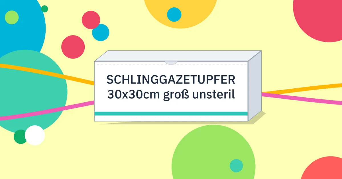 Symbolbild: Packung mit der Aufschrift SCHLINGGAZETUPFER 30x30cm groß unsteril (PZN 00430887) – Verfügbarkeit und Bezug in Apotheken in Frankfurt am Main