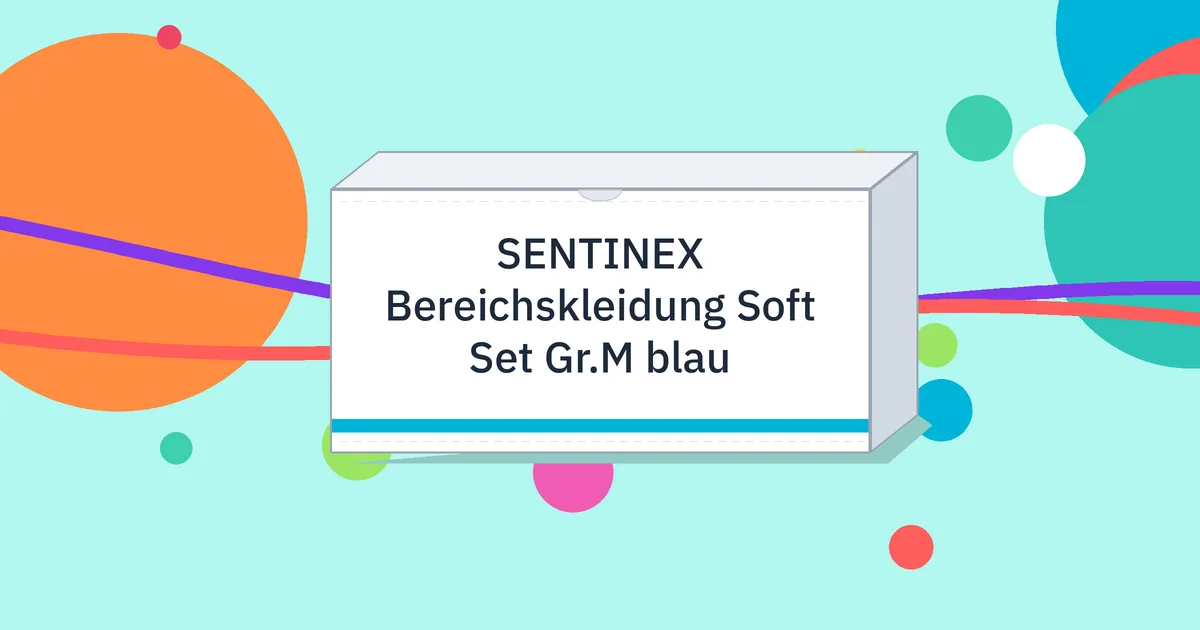 Symbolbild: Packung mit der Aufschrift SENTINEX Bereichskleidung Soft Set Gr.M blau (PZN 09737570) – Verfügbarkeit und Bezug in Apotheken in Frankfurt am Main