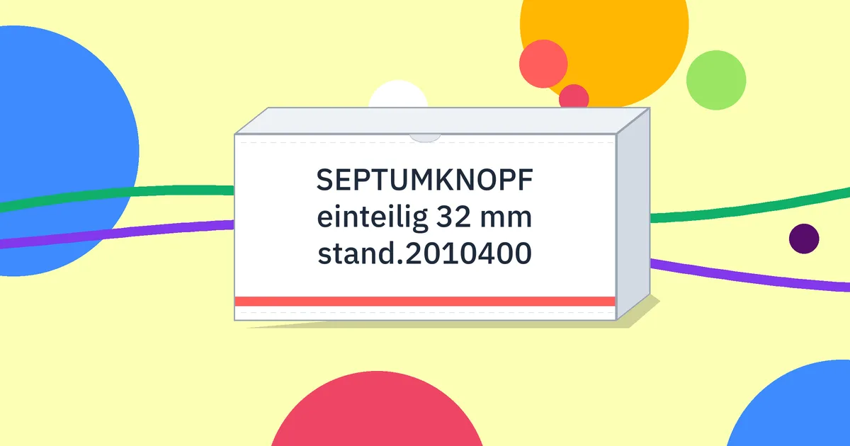 Symbolbild: Packung mit der Aufschrift SEPTUMKNOPF einteilig 32 mm stand.2010400 (PZN 00185212) – Verfügbarkeit und Bezug in Apotheken in Frankfurt am Main
