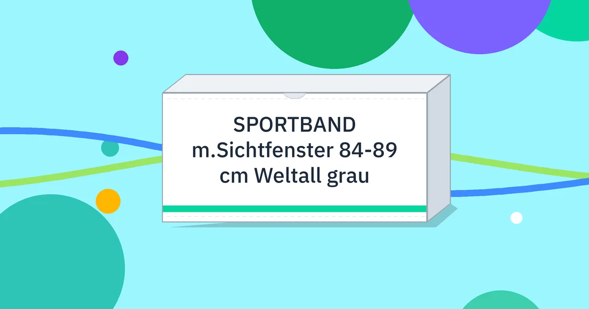 Symbolbild: Packung mit der Aufschrift SPORTBAND m.Sichtfenster 84-89 cm Weltall grau (PZN 13915899) – Verfügbarkeit und Bezug in Apotheken in Frankfurt am Main