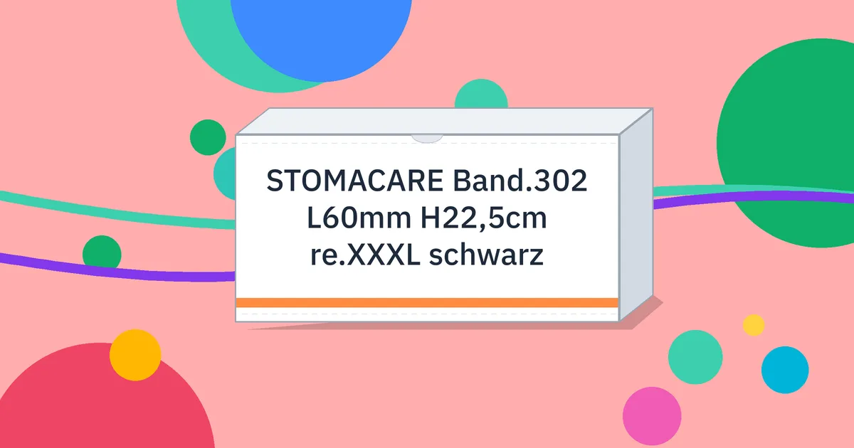 Symbolbild: Packung mit der Aufschrift STOMACARE Band.302 L60mm H22,5cm re.XXXL schwarz (PZN 10841025) – Verfügbarkeit und Bezug in Apotheken in Frankfurt am Main
