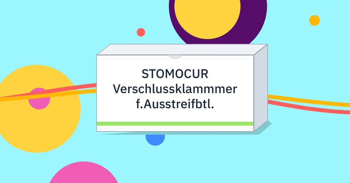 Symbolbild: Packung mit der Aufschrift STOMOCUR Verschlussklammmer f.Ausstreifbtl. (PZN 07465699) – Verfügbarkeit und Bezug in Apotheken in Frankfurt am Main