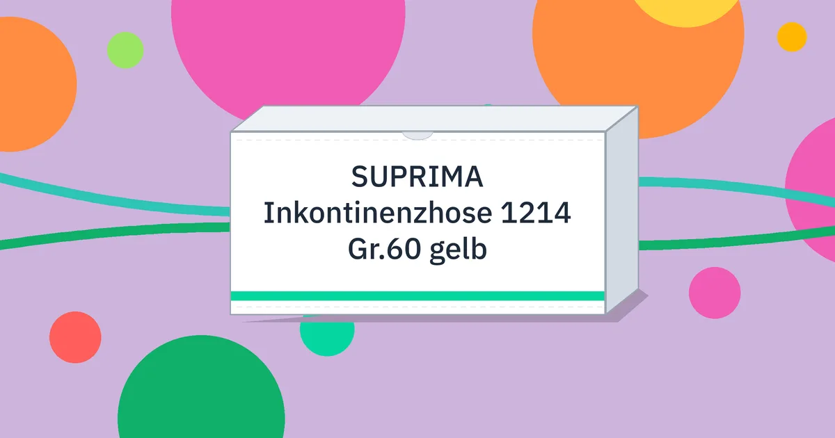 Symbolbild: Packung mit der Aufschrift SUPRIMA Inkontinenzhose 1214 Gr.60 gelb (PZN 02852204) – Verfügbarkeit und Bezug in Apotheken in Frankfurt am Main