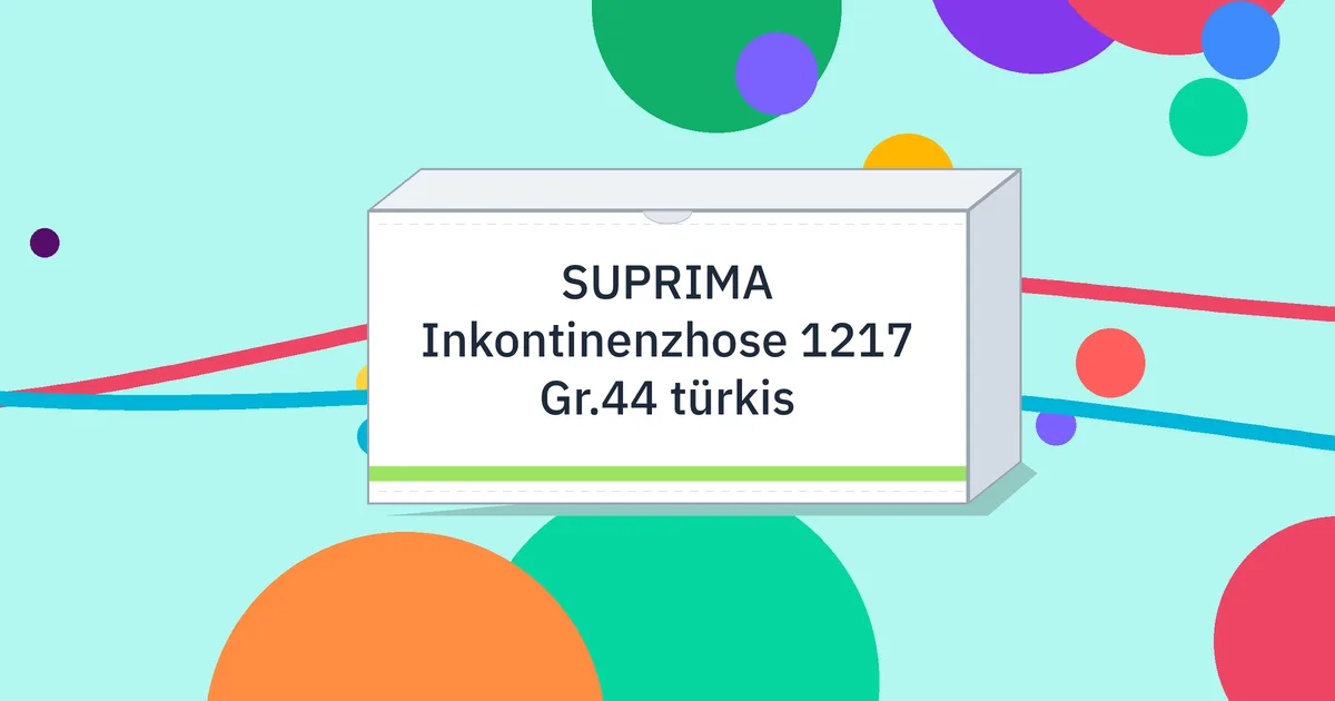 Symbolbild: Packung mit der Aufschrift SUPRIMA Inkontinenzhose 1217 Gr.44 türkis (PZN 19174493) – Verfügbarkeit und Bezug in Apotheken in Frankfurt am Main